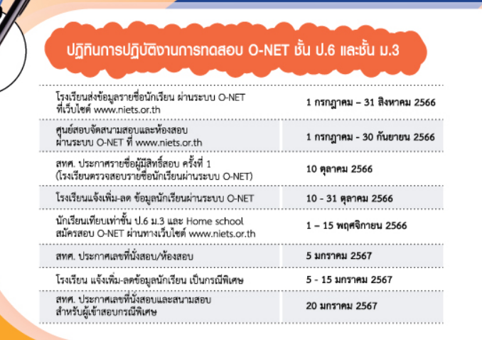ปฏิทินสอบ o-net 2567 (ปีการศึกษา 2566) ป.6 ม.3 ม.6